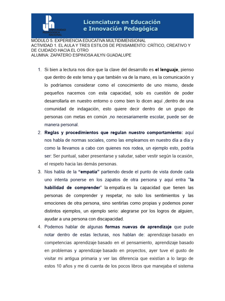 Pensamiento UPN LEIP | PDF | Aprendizaje | Empatía