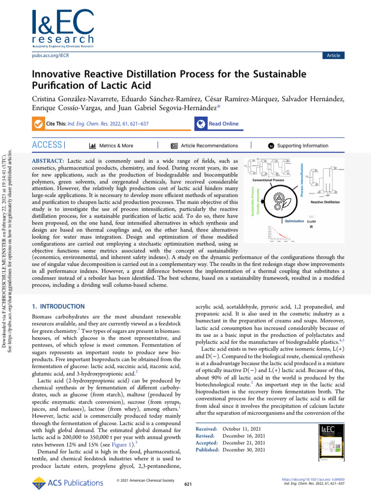 Innovative Reactive Distillation Process For The Sustainable Purification of Lactic Acid | PDF ...