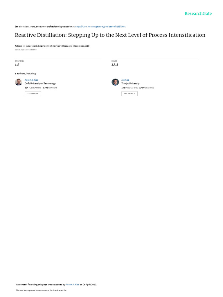 Reactive Distillation: Stepping Up To The Next Level of Process Intensification | PDF ...