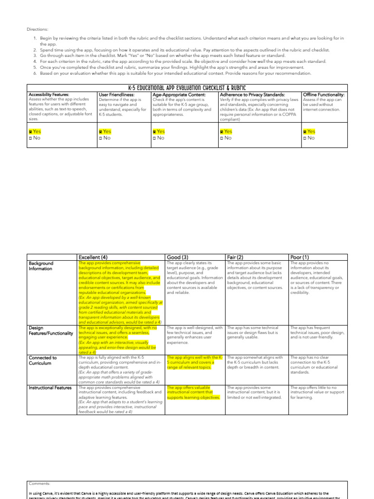 digital tool evaluation - canva | PDF | Rubric (Academic) | Mobile App