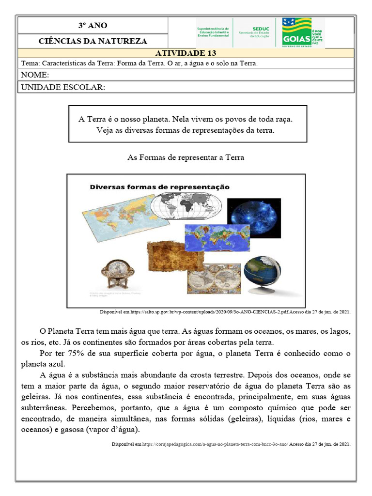 ATIVIDADE 13 3o Ano CN Caracteristicas Da Terra Forma Da Terra. O Ar A ...