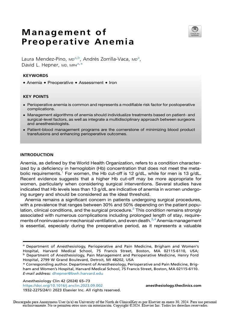 Management of Preoperative Anemia: Laura Mendez-Pino,, Andrés Zorrilla ...