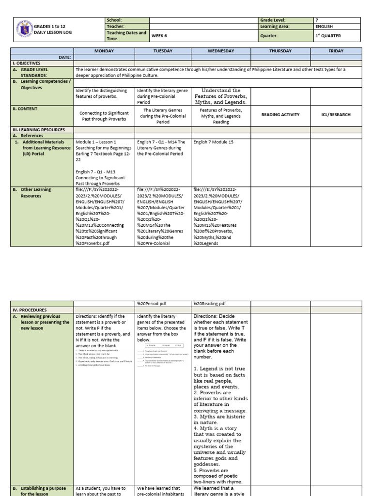 English 7 Q1 W6 Pre Colonial Period | PDF | Genre | Proverb