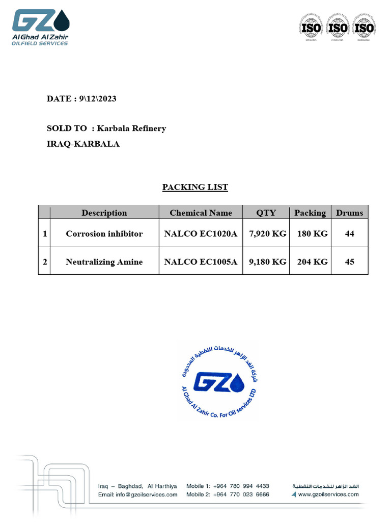 Packing List For Karbala Refinery (CDU) | PDF