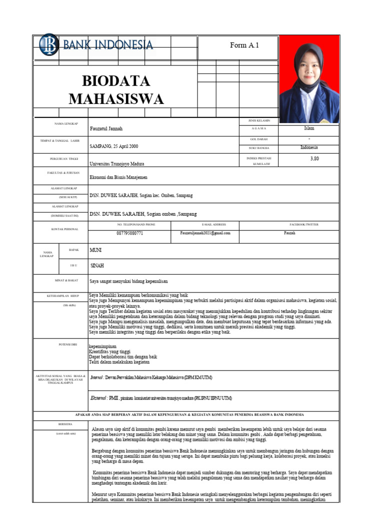 Form A.1 - Biodata Mahasiswa | PDF