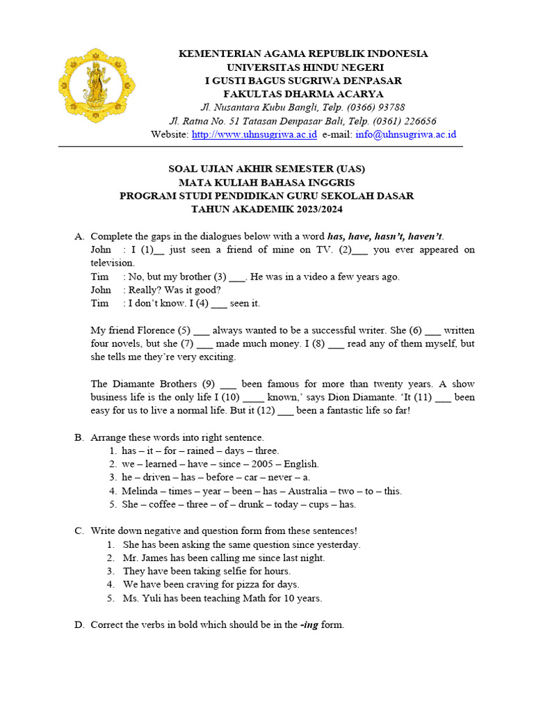 Soal Uas - Bahasa Inggris (PGSD) 2024 | PDF | Semantic Units | Linguistic Morphology