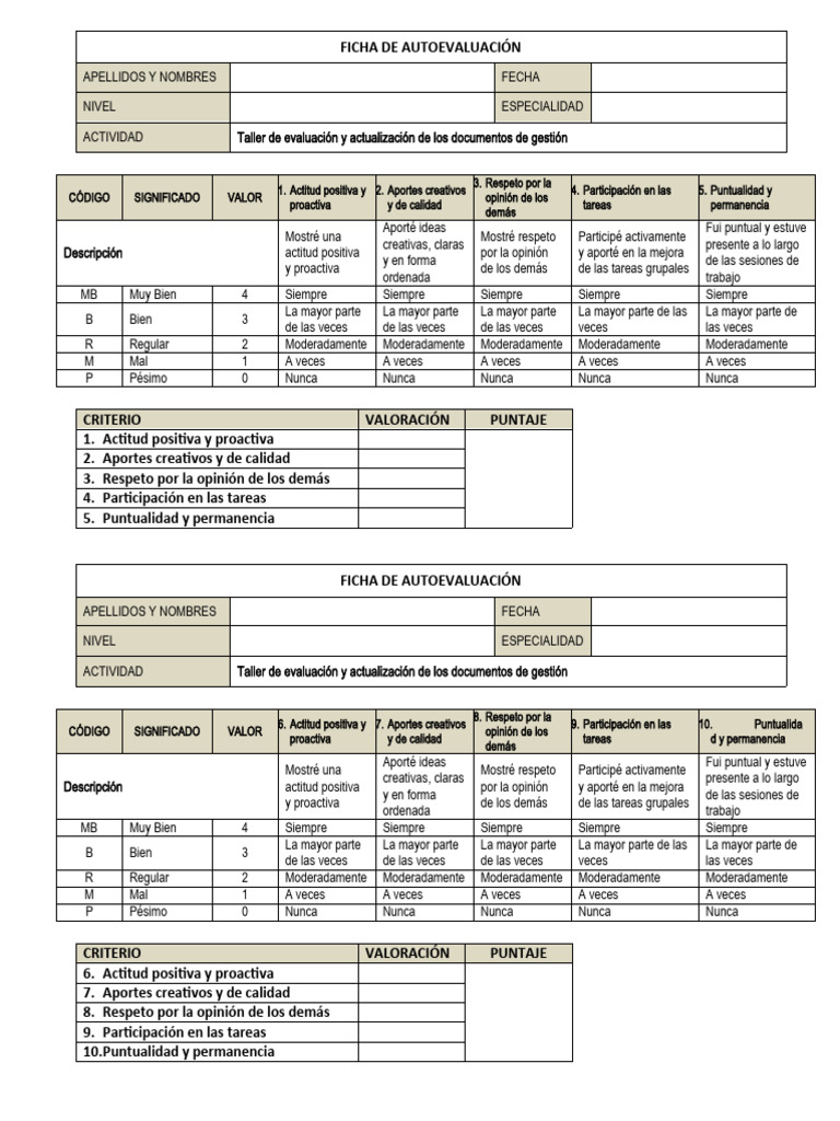 FICHA DE AUTOEVALUACIÓN | PDF