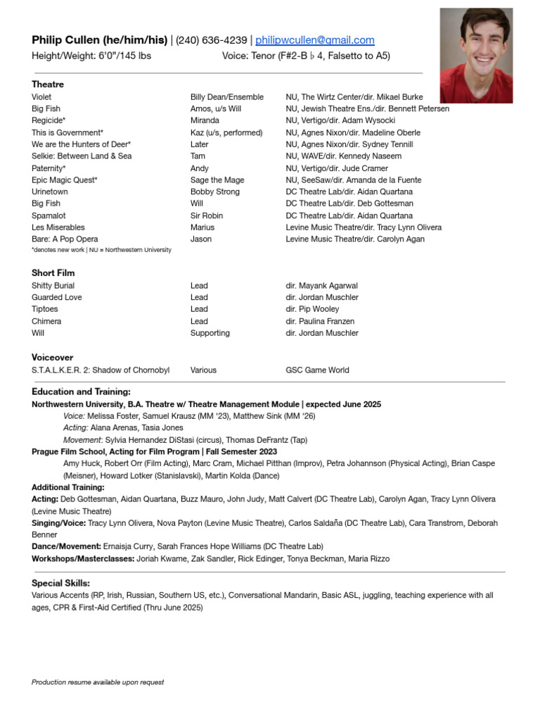 Philip Cullen Performance Resume-1 | PDF | Entertainment | Performing Arts