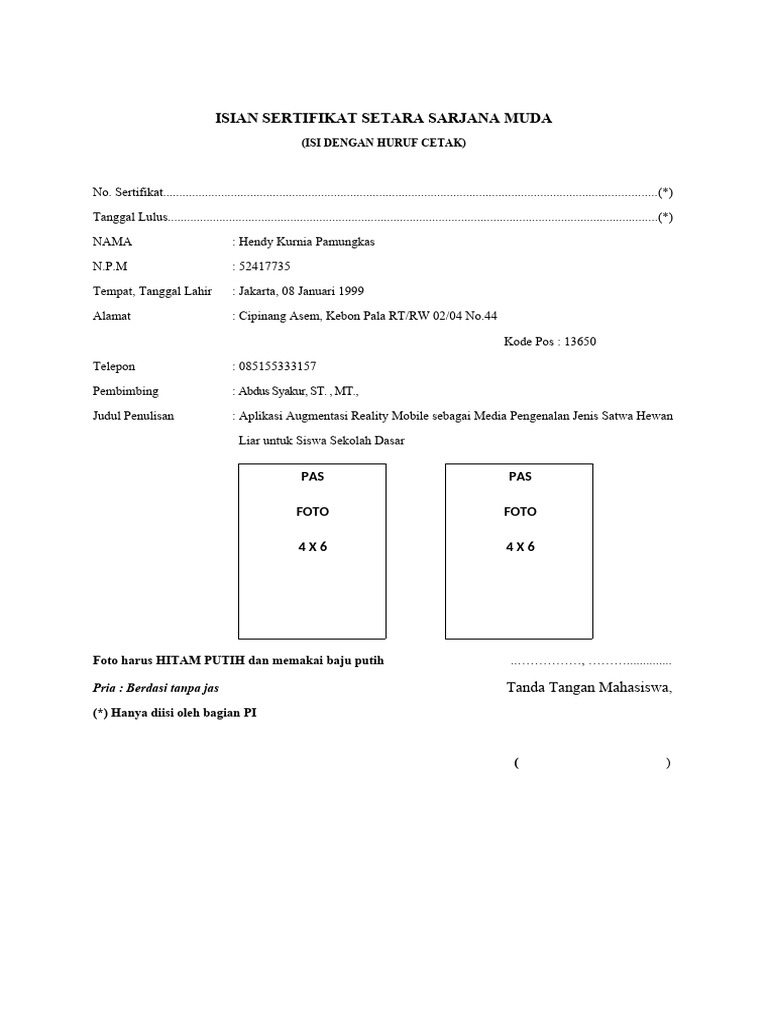Form Isian Sertifikat Setara Sarjana Muda | PDF