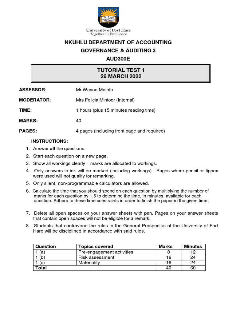 Audit Tutorial Test: Governance & Risks | PDF | Audit | Business