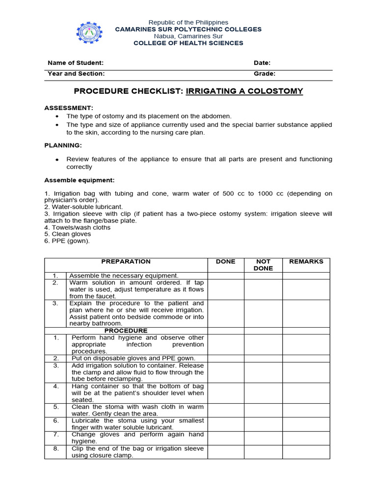 Procedure Checklist Irrigating A Colostomy BSN 3 | Download Free PDF ...