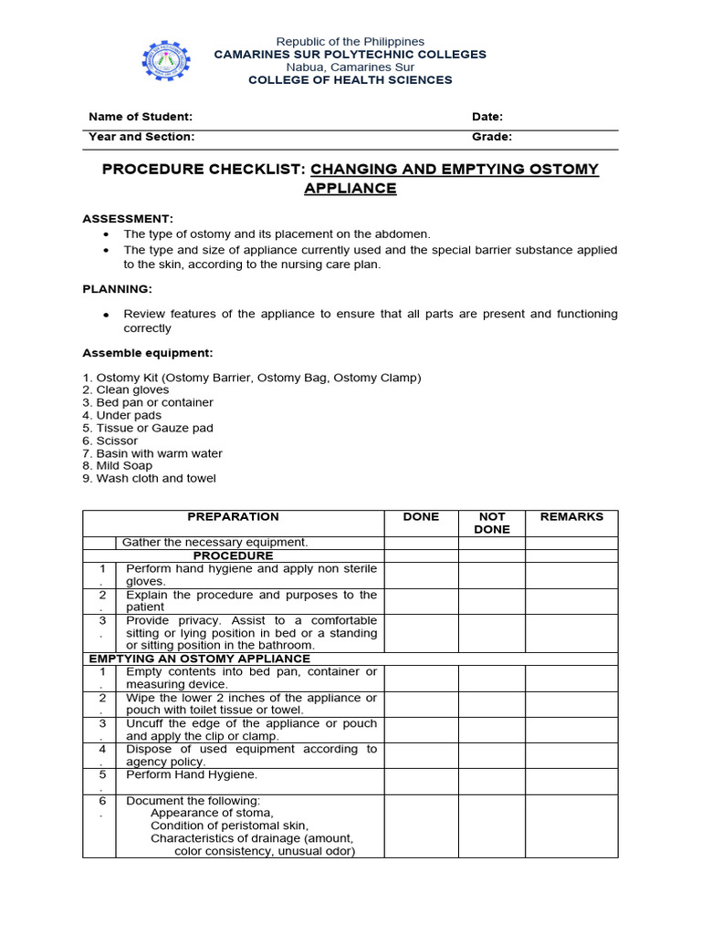 Procedure Checklist Changing and Emptying Ostomy Appliance BSN 3 | PDF ...
