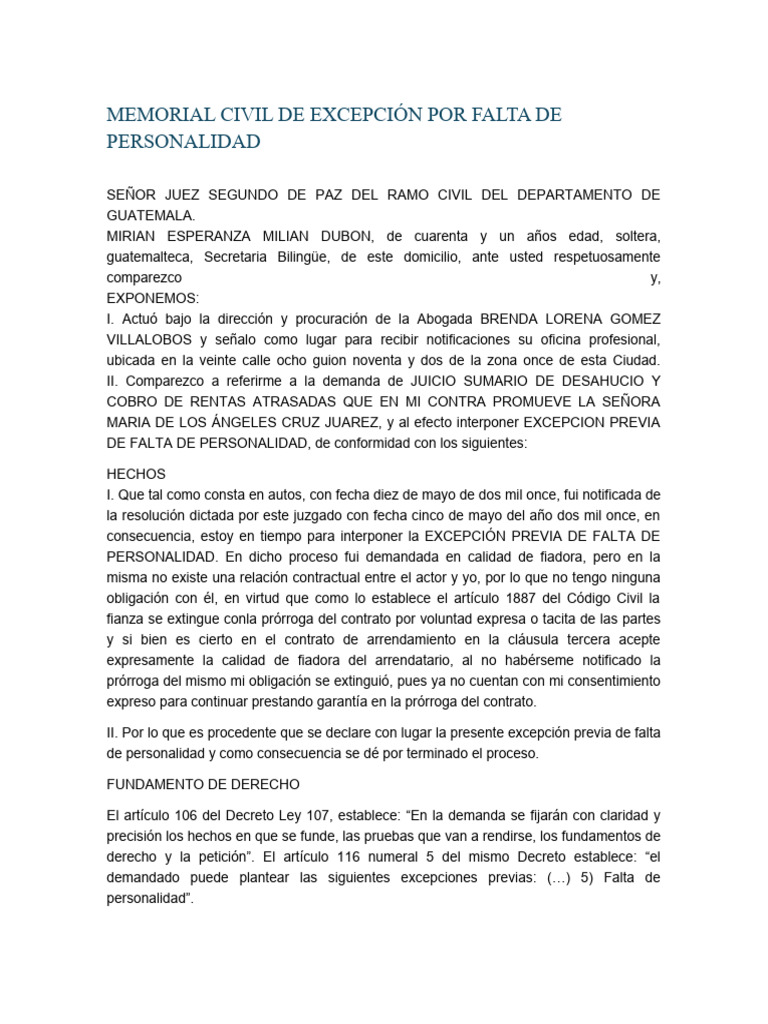 Memorial Civil de Excepción Por Falta de Personalidad | PDF | Demanda judicial | Principios éticos