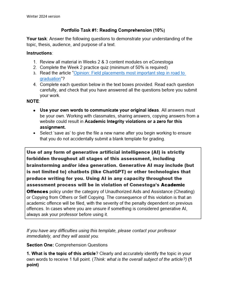 Reading Comprehension Template W24 | PDF | Artificial Intelligence | Intelligence (AI) & Semantics
