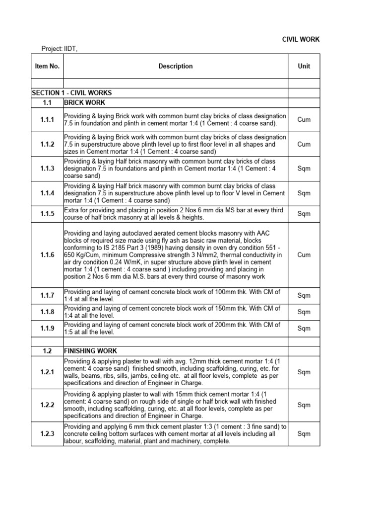 IIDT - BOQ - Civil and Interior Work - 170304 | PDF | Plaster | Brick