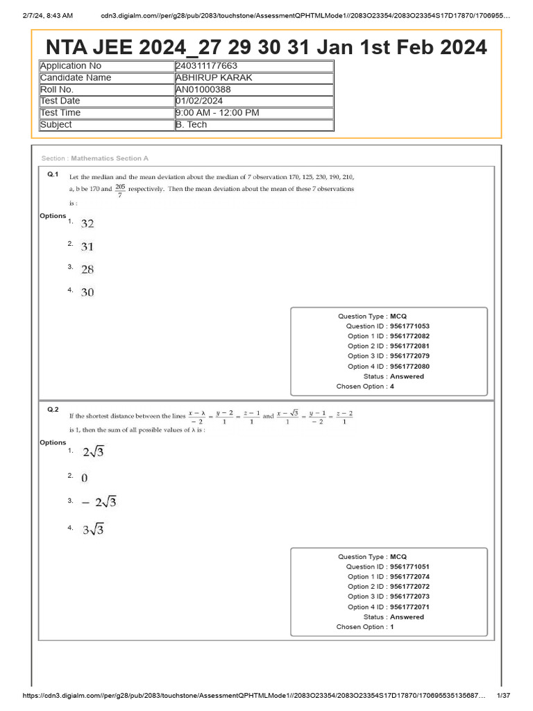 Jee Answer Sheet | PDF | Multiple Choice | Educational Assessment And ...