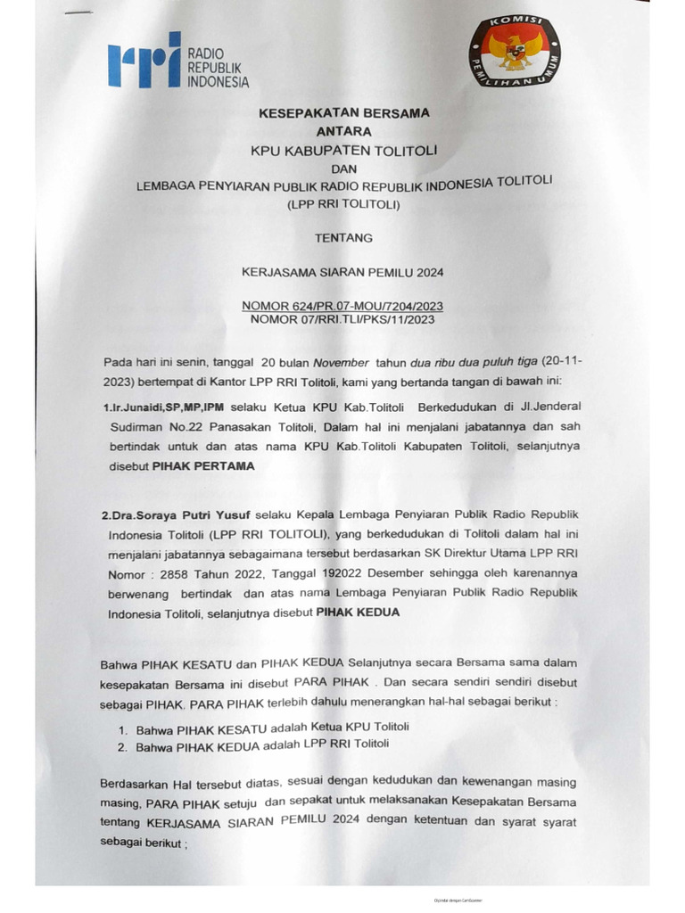 MOU KPU Tahun 2023 Dengan RRI | PDF