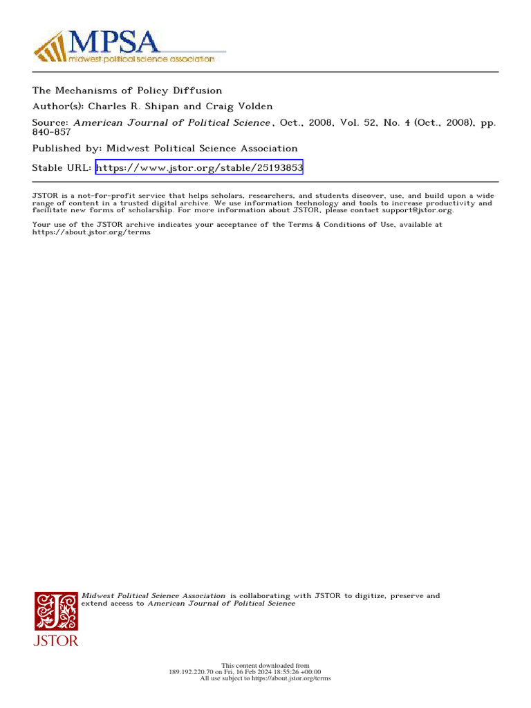 Shipan MechanismsPolicyDiffusion 2008 | PDF | Policy | Hypothesis