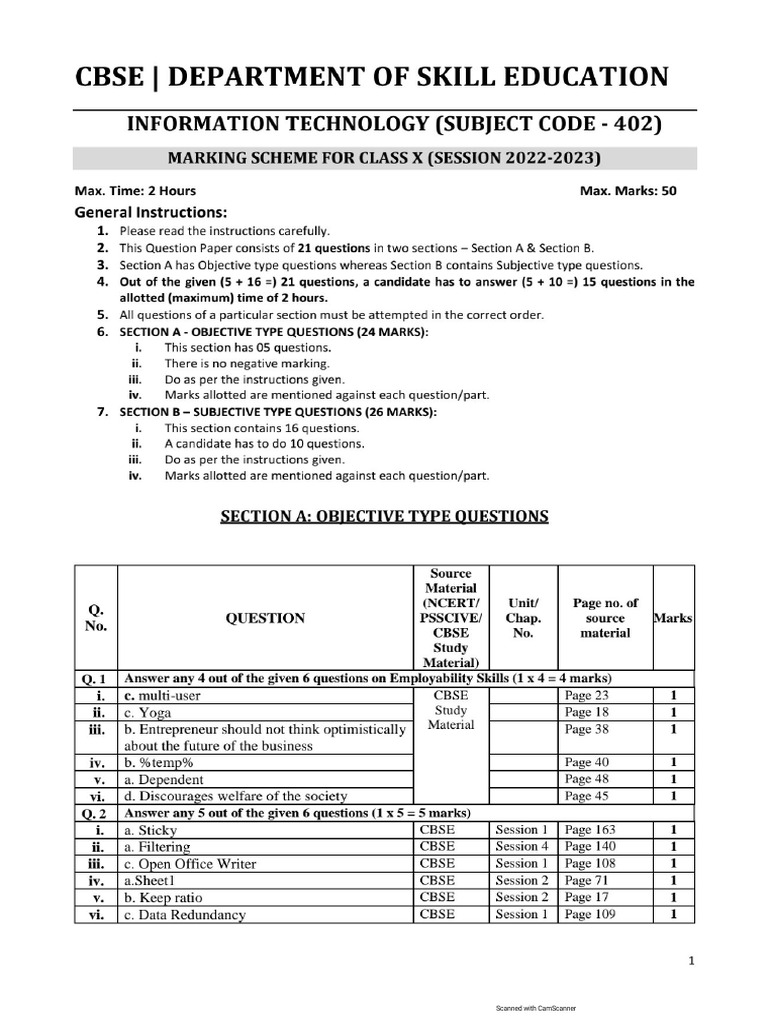 Answer Key Class 10 IT 402 Sample Papers | PDF