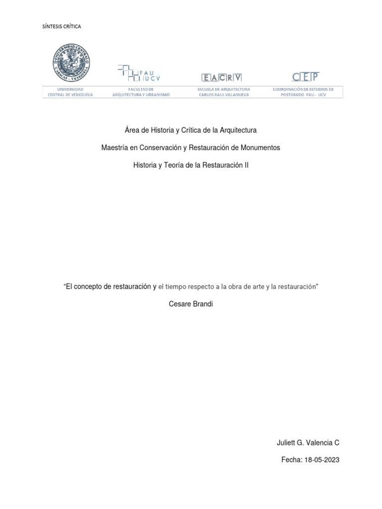 Teoría de Restauración de Cesare Brandi | PDF