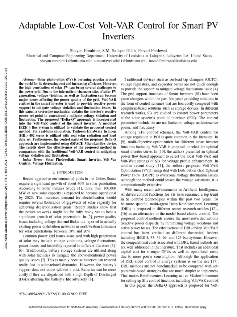 Adaptable Low Cost Volt Var Control For Smart Pv Inverters Download Free Pdf Photovoltaics