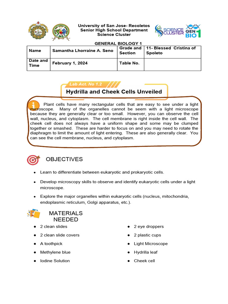 GB1 Laboratory Activity 1.2 Hydrilla and Cheek Cell Unveiled | PDF | Self-Improvement