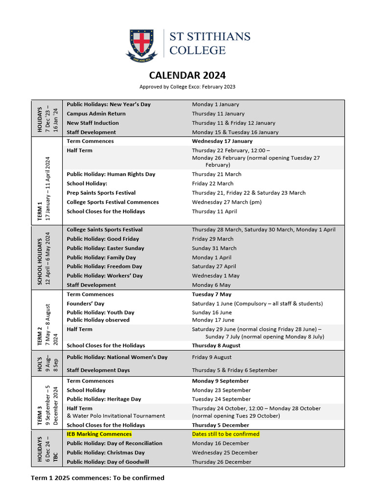 ST Stithians College Calendar 2024 - Approved Feb 2023 | PDF | Academic ...