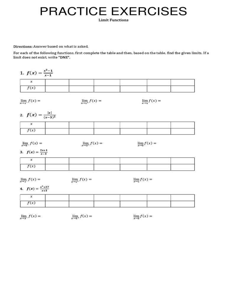 Practice Exercises in Finding Limits of A Function | PDF Practice Exercises in Finding Limits of A Function | PDF