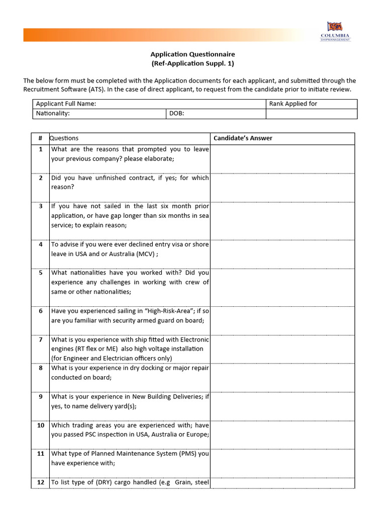 Application Questionnaire Ref Application Suppl 1 | PDF