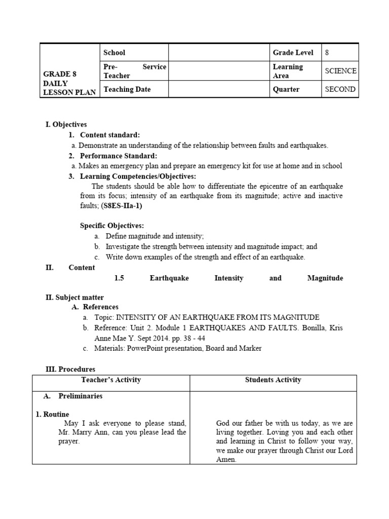Detailed Lesson Plan For Grade 8 Science | PDF | Earthquakes | Solid ...