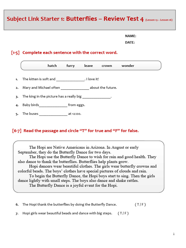 Subject Link Starter 1 Review Test 4 | PDF | Butterfly | Pupa