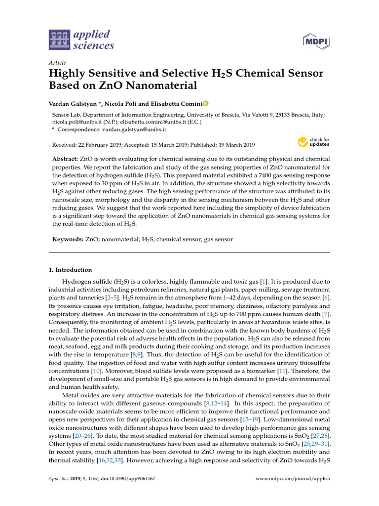 H2S Sensor Based On ZnO Nanomaterial | PDF | Adsorption | Zinc Oxide