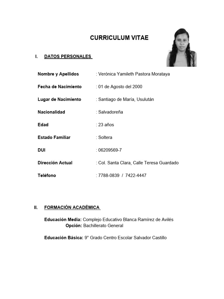 CURRICULUM VITAE Verónica Yamileth Pastora Morataya | PDF
