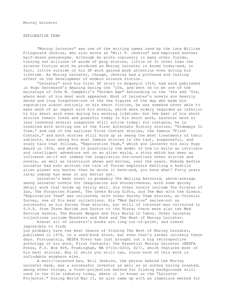 Murray Leinster - Exploration Team | PDF | Murray Leinster