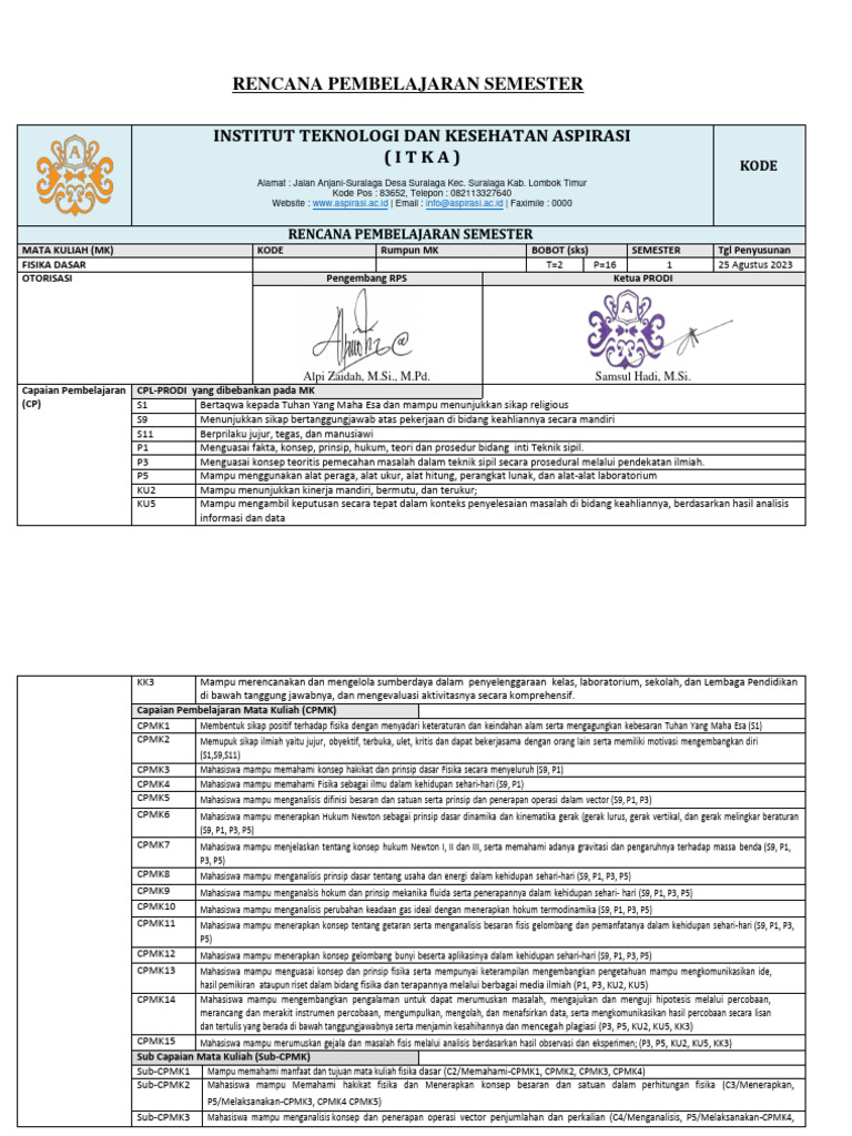 RPS Fisika Dasar Ganjil 2023 - 2024 | PDF