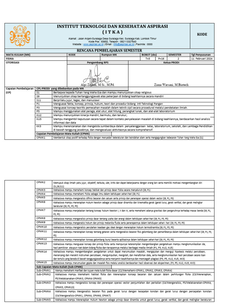 RPS Fisika Genap 2023 - 2024 Prodi Tekpang | PDF
