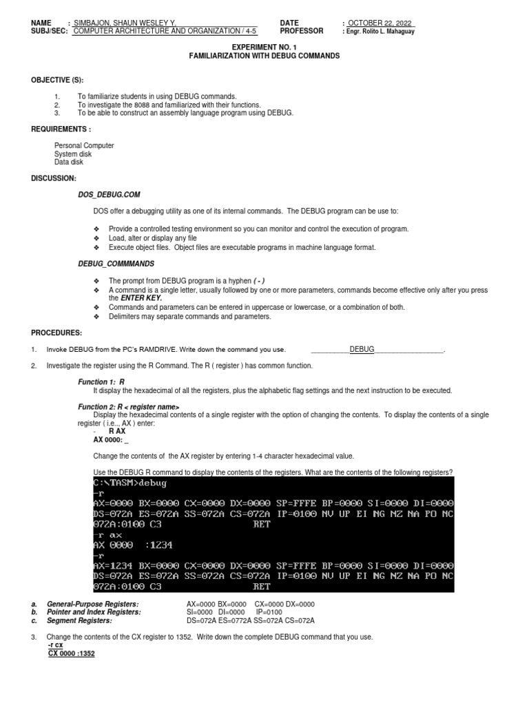 CAO Experiment 1 - SIMBAJON | PDF | Assembly Language | Computer Program