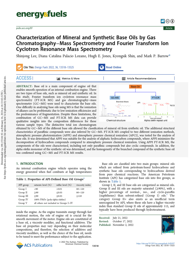 Lee Et Al 2022 Characterization of Mineral and Synthetic Base Oils by ...