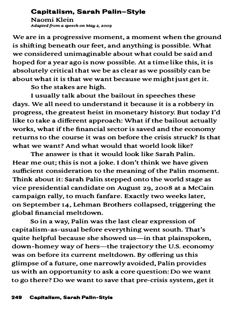 Klein, Naomi - Capitalism, Sarah Palln-Style (2009) | PDF | Sarah Palin | Bailout