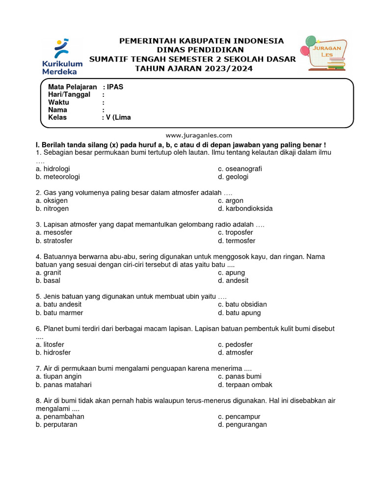 Soal PTS-STS IPAS Kelas 5 Semester 2 Kurikulum Merdeka T.A 2023-2024 | PDF | Sains & Matematika