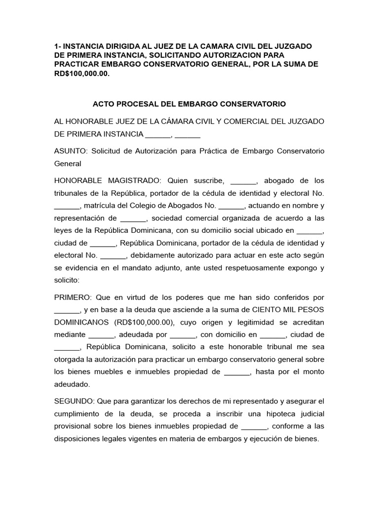 Embargo Conservatorio | PDF | República Dominicana | Demanda judicial