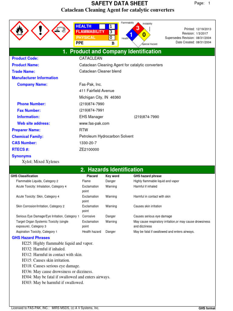 Cataclean MSDS | Download Free PDF | Clean Air Act (United States ...