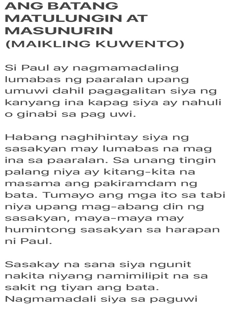Ang Batang Matulungin at Masunurin | PDF