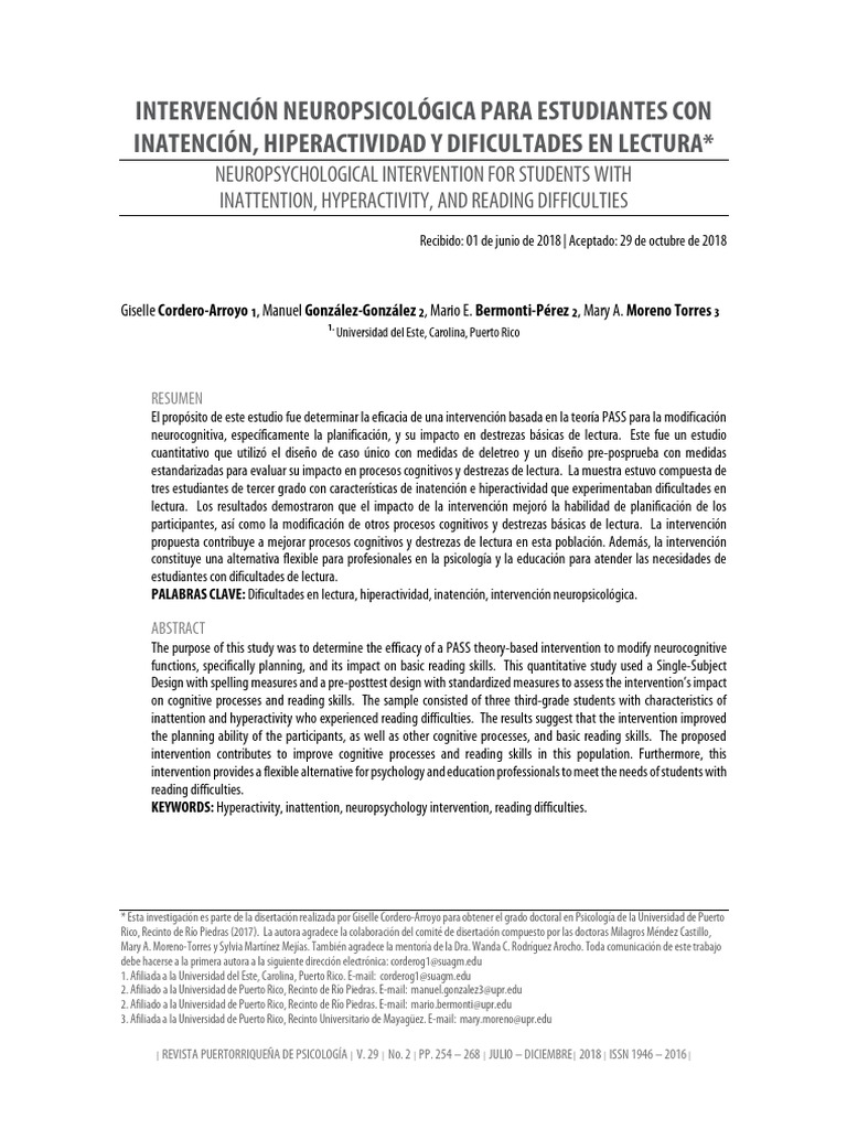 Intervención Neuropsicológica para Estudiantes Con Inatención ...
