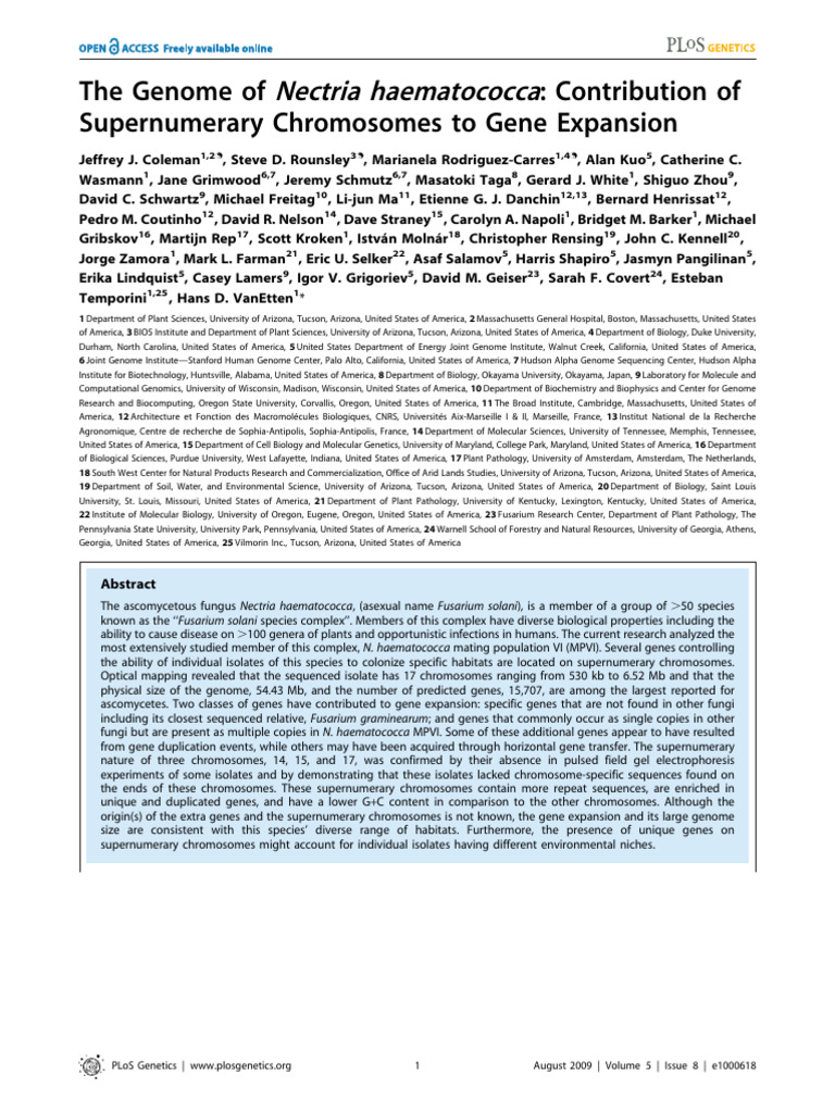 The Genome of Nectria Haematococca Contribution of Supernumerary ...
