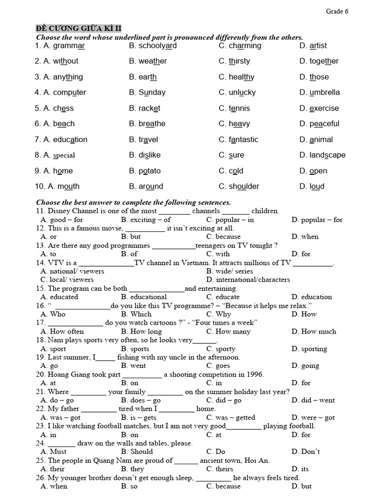 ĐỀ CƯƠNG GK2 - ANH 6 | PDF