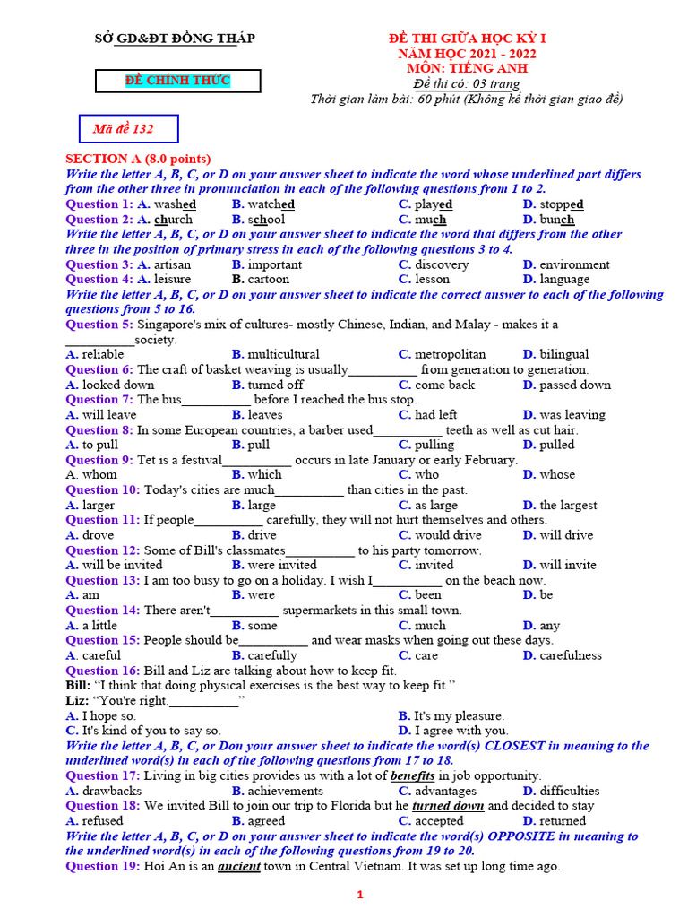 Đề ôn thi giữa kì I | PDF | Vietnam | Rice
