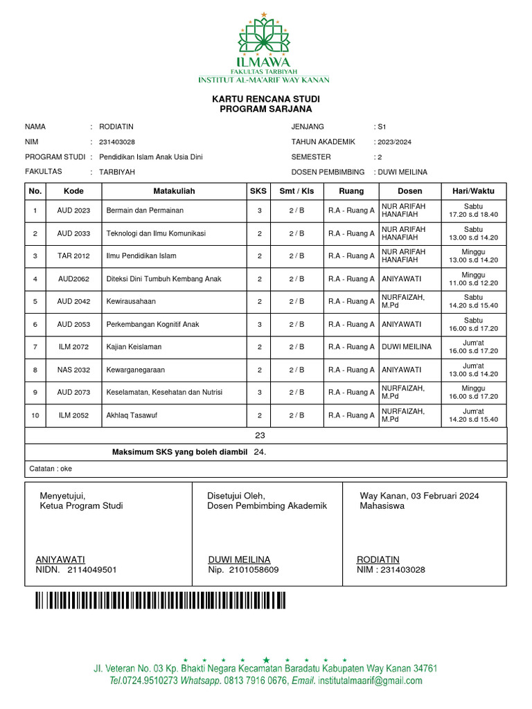 Kartu Rencana Studi Program Sarjana: SKS Matakuliah No. Kode SMT / Kls Ruang Hari/Waktu Dosen | PDF