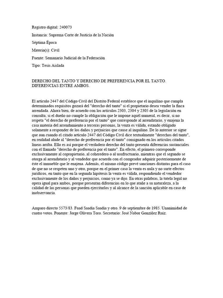 Derecho Del Tanto y Derecho de Preferencia Por El Tanto. Diferencias ...