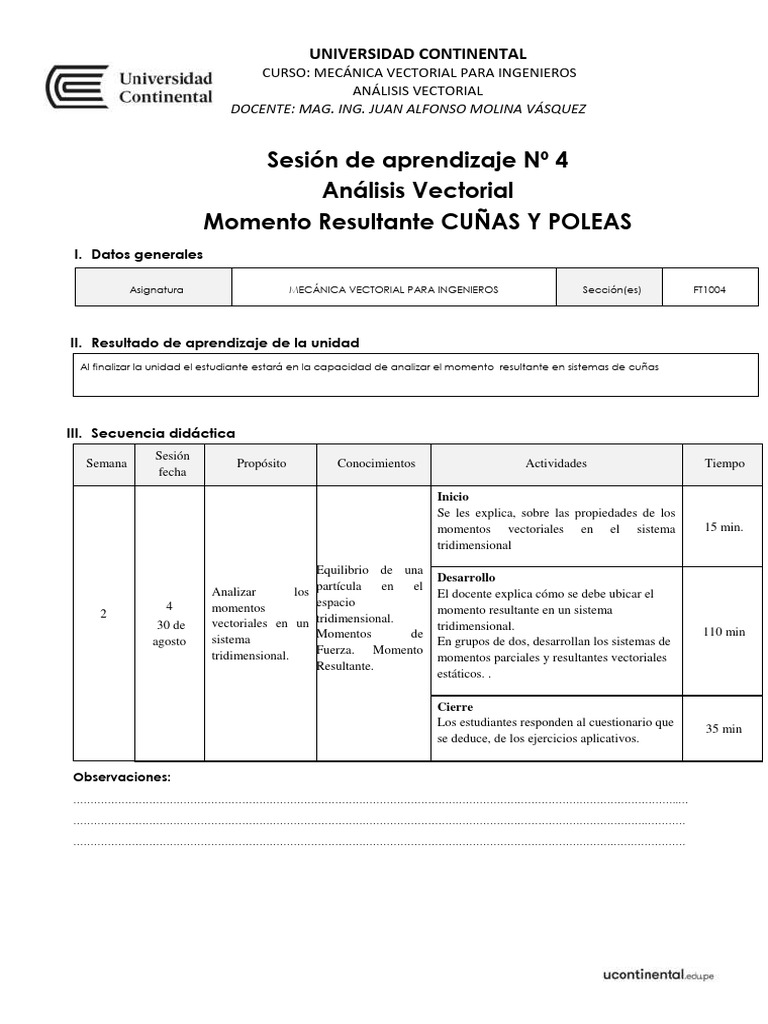 4) - Sesión de Aprendizaje #4 Momento Resultante Cuñas y Poleas | PDF